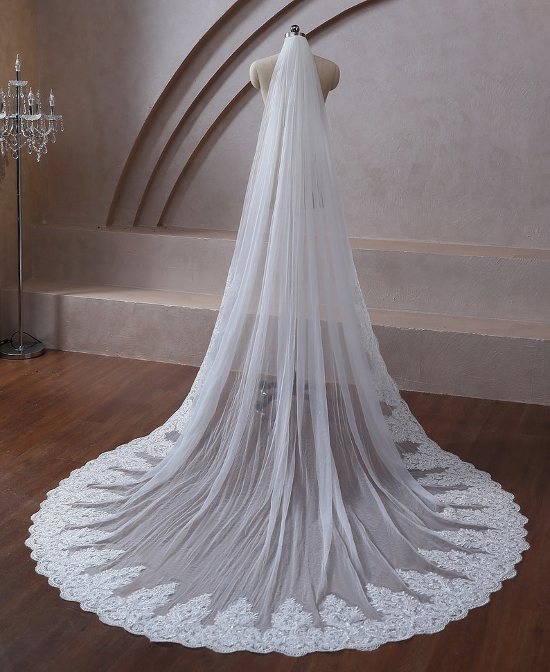 Lace Applique Wedding Veil: Long Cathedral Bridal Veil - Etsy