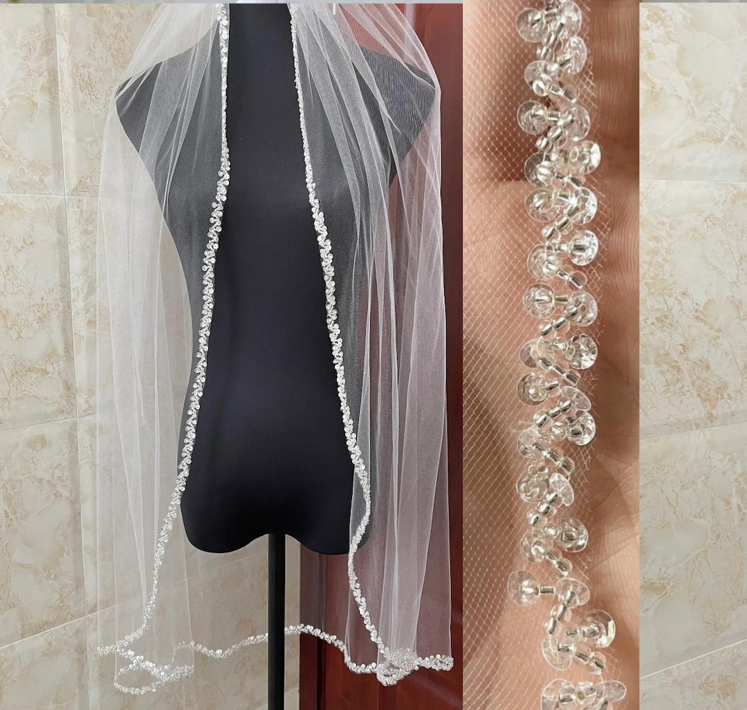 Beaded Bridal Veil, Beads Trim Veil, Beaded Fingertip Veil, Crystal ...