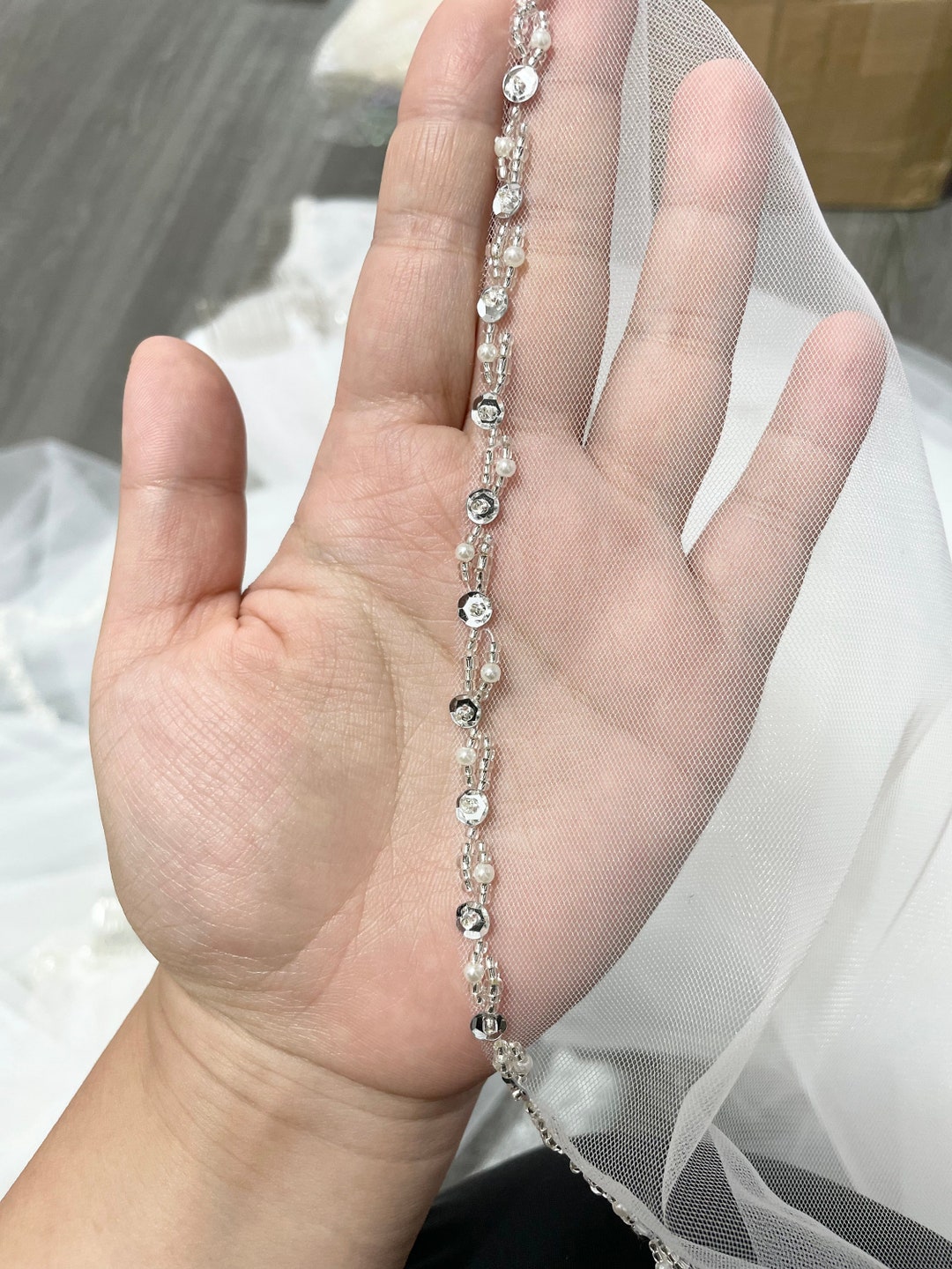 Beaded Edge Veil, Cathedral Pearls Veil, Long Wedding Veil, Crystal ...