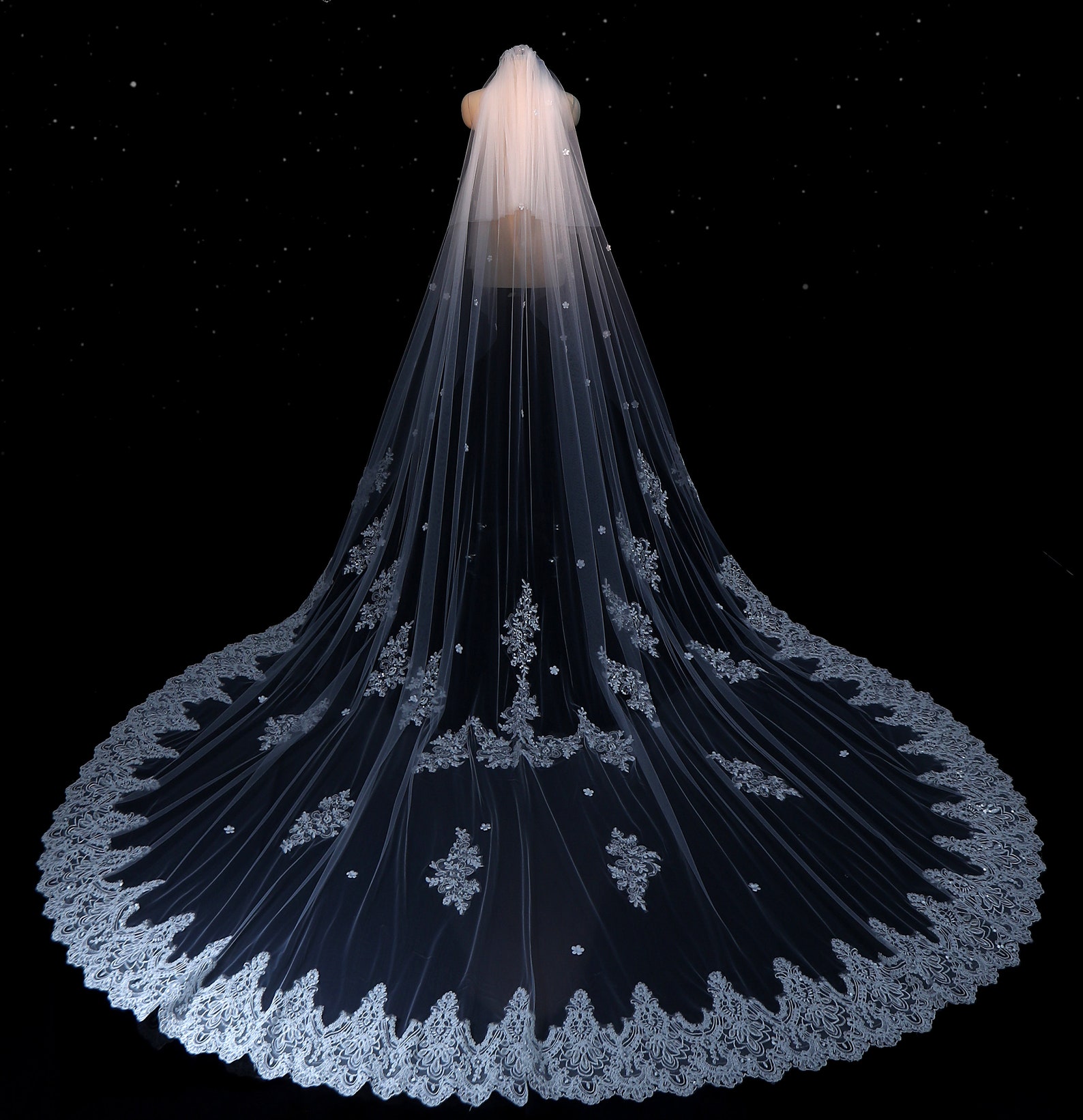 Handmade Lace Cathedral Wedding Veil: Two-tier Bridal Veil With Petals ...