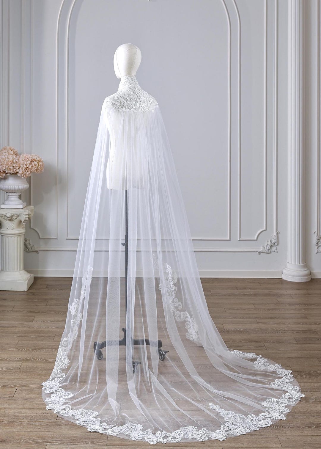 Wedding Lace Cape, Sheer Tulle Cathedral Shoulder Drape, High Neck ...