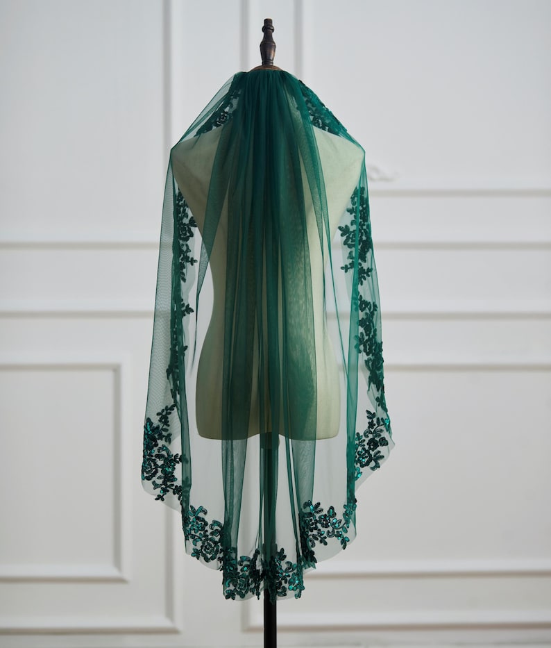Handmade Emerald Green Tulle Veil: Lace Edge, Sequins, Metal Comb - Etsy
