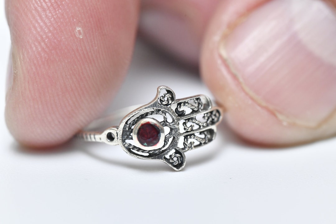 Dainty Silver Hamsa Ring-red Gemstone Hamsa Ring-delicate Hand Ring ...