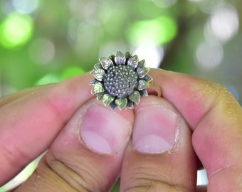 Sunflower Ring, Flower Stack Ring, Flower Ring, Silver Stack Ring, Sunflower Stack Ring, Boho ...