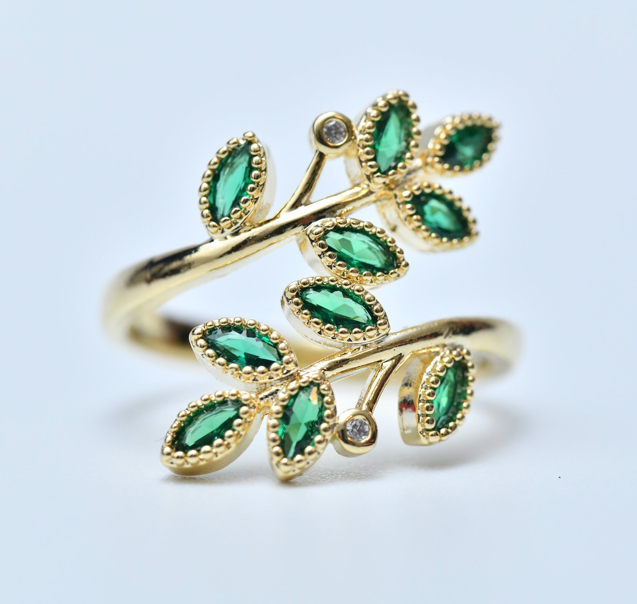 Green Gemstone Ring, Delicate Gold Leaf Ring, Green Emerald Ring, Green ...