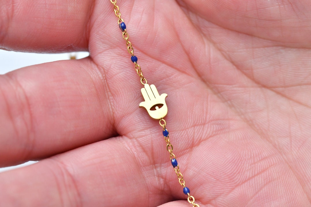 Minimalist Gold Hamsa Bracelet-blue Gemstone Bracelet-delicate Gold ...