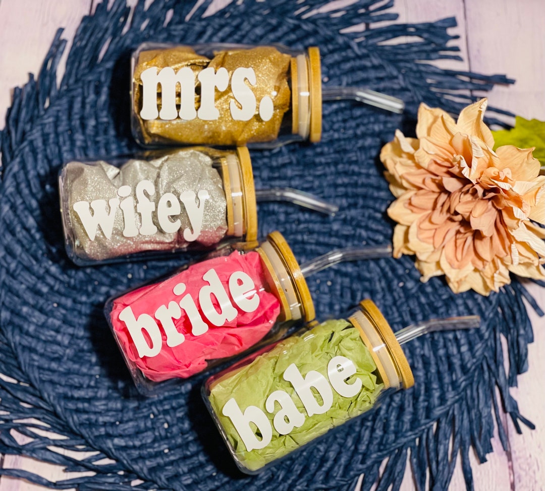 Bride Glass Iced Coffee Cup Mrs Glass Cup With Lid Straw Bride Glass ...