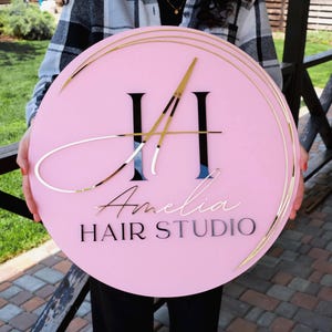 3D Blush Round Business Logo Sign, Custom Acrylic Business Sign, Salon ...