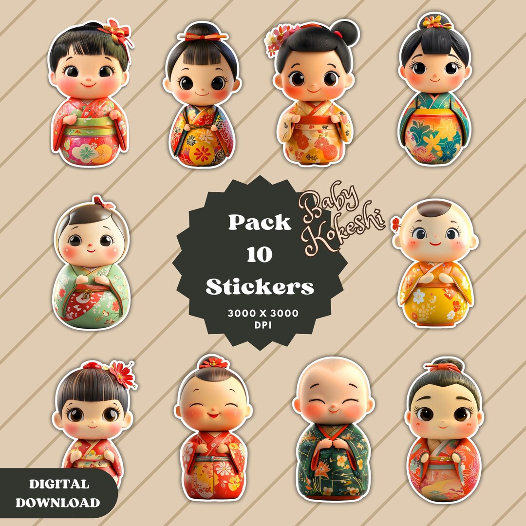 Adorable Kokeshi Baby Doll Stickers - Set of 10 Cute Japanese Kawaii ...