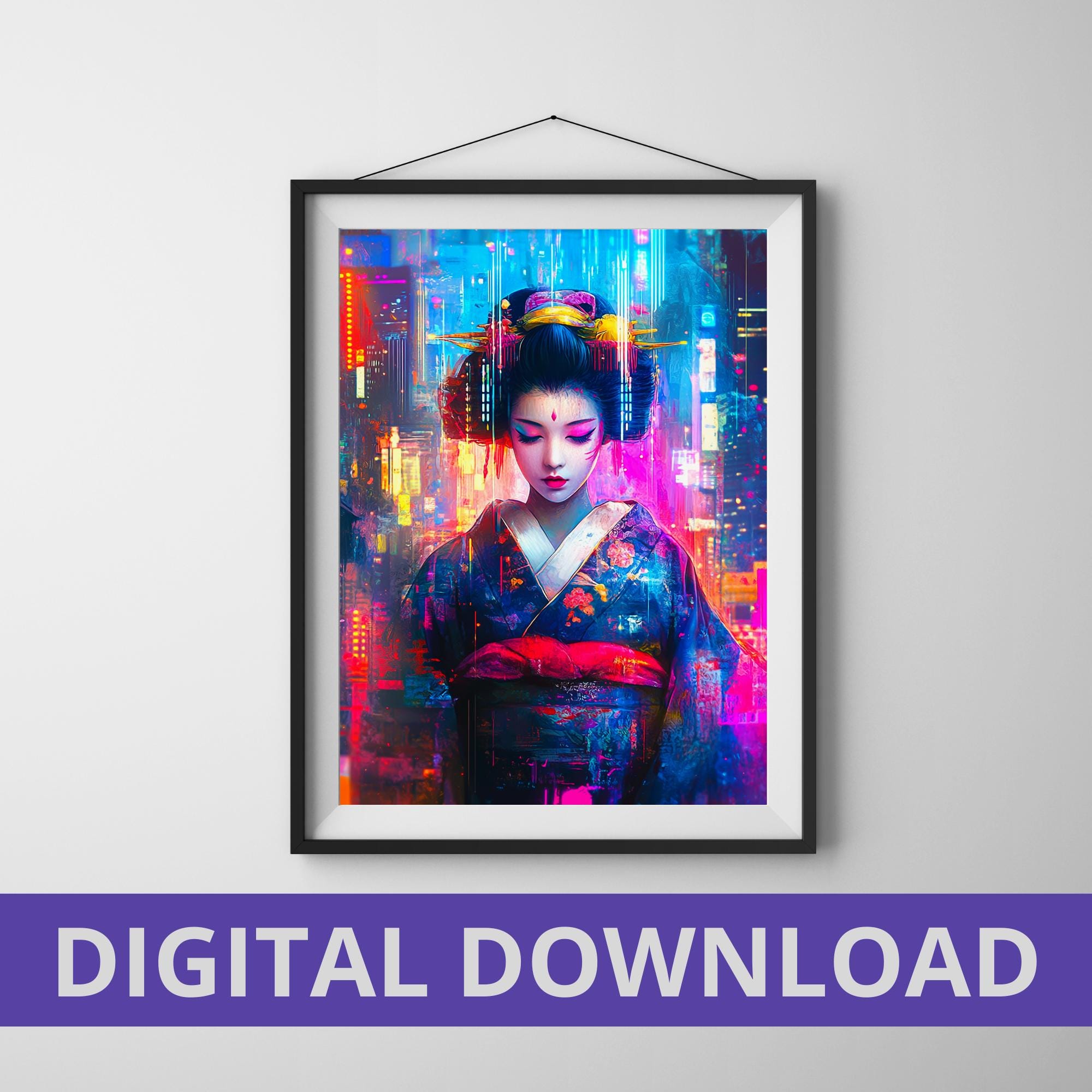 Cyberpunk Geisha Art, Ukiyo-e Style, Neon Colors (digital Download) - Etsy