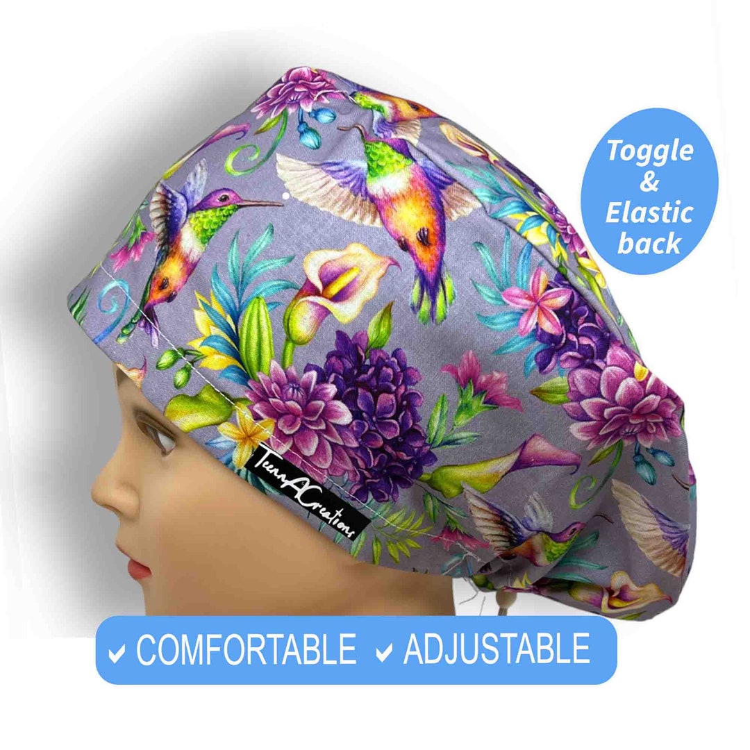 Scrub Cap Hummingbird Scrub Hats, Satin Lined Scrub Caps for Women Euro ...