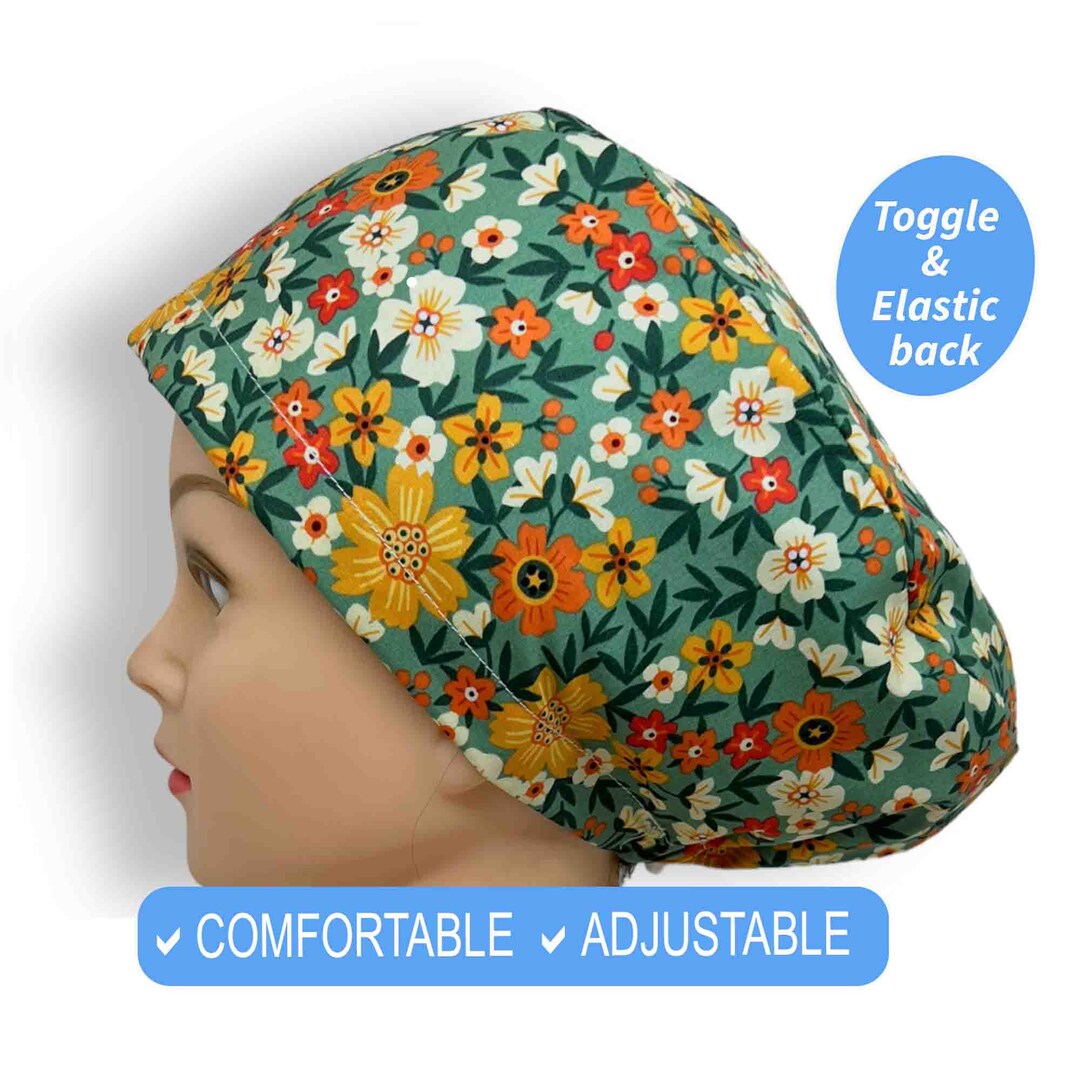 Satin Lined Scrub Cap | Floral Scrub Hats, Surgical Cap With Buttons ...