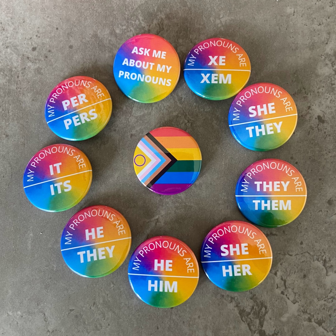 38mm Gender Pronoun Badge, LGBT Lapel Pronouns, They Them Badge, He Him ...