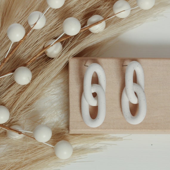 Chunky Link Earrings Handmade Polymer Clay Chain Link Earrings Hypoallergenic Titanium Lightweight Modern Neutral Jewelry
