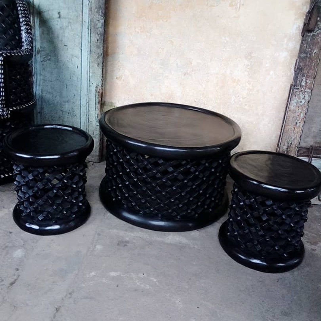 Coffee Table African Design. Bamileke Coffee Table Set. Handmade Stool ...