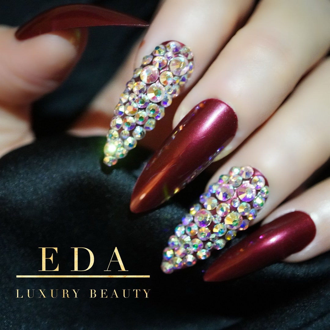 EDA LUXURY BEAUTY Dark Red Burgundy 3D Diamond Crystal Press on Nails ...