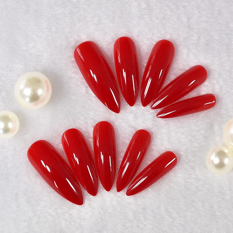 EDA LUXURY BEAUTY Red Press on Nails Classic Elegant Shiny Gel False ...