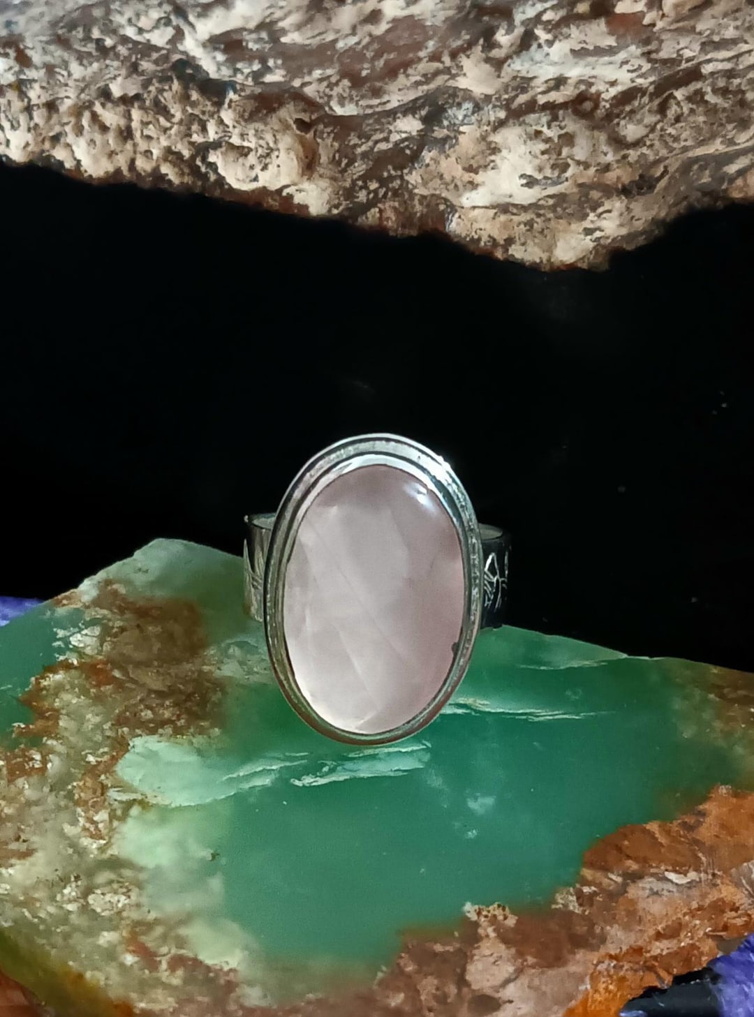 Rose Quartz (natural) Ring. Silver Band With Rose & Star Stamps. Made ...