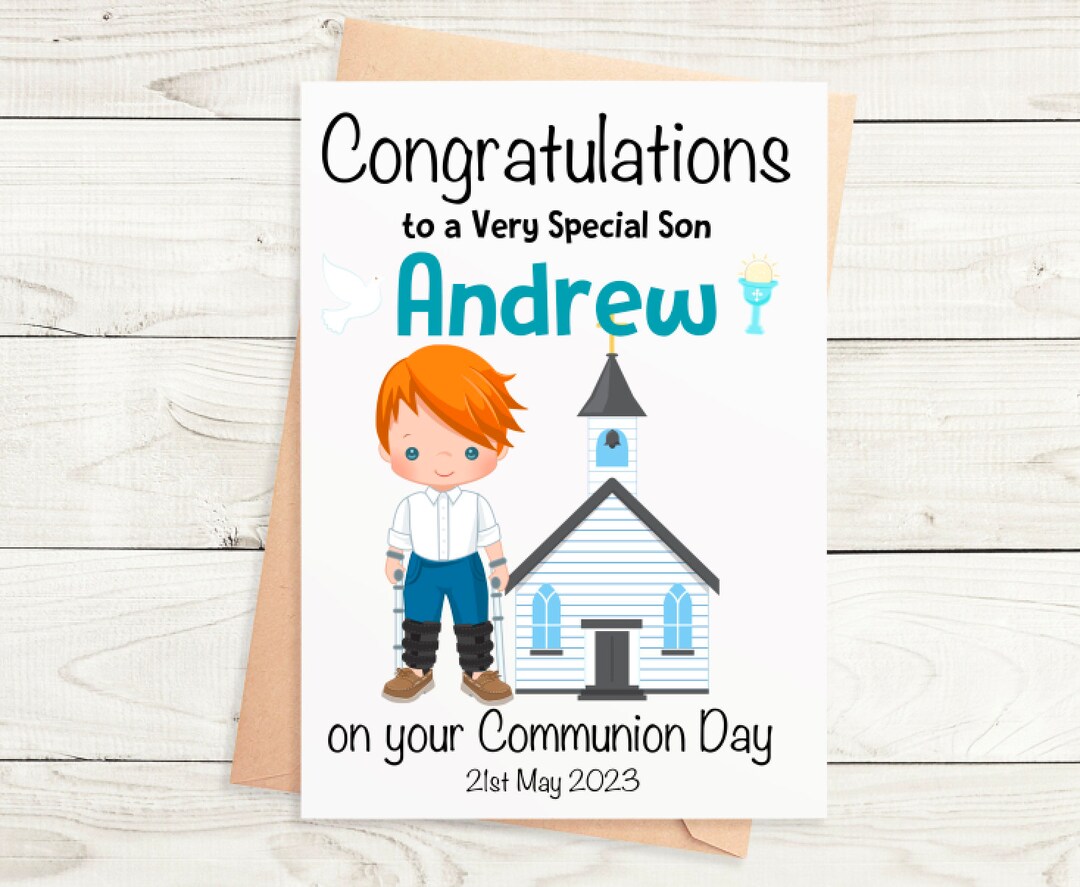 Boy With Leg Braces Communion Card Personalised First Holy Communion ...