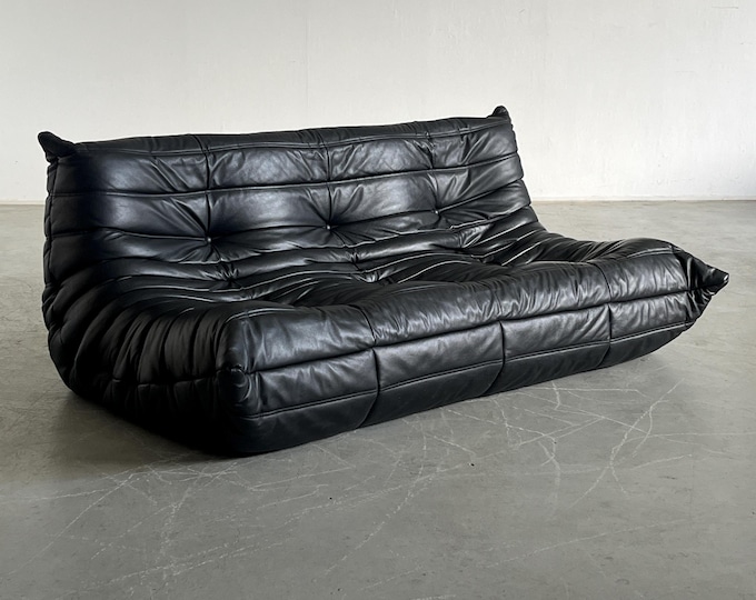 Original Vintage Togo Three-seater Sofa in Black Leather, Michel ...