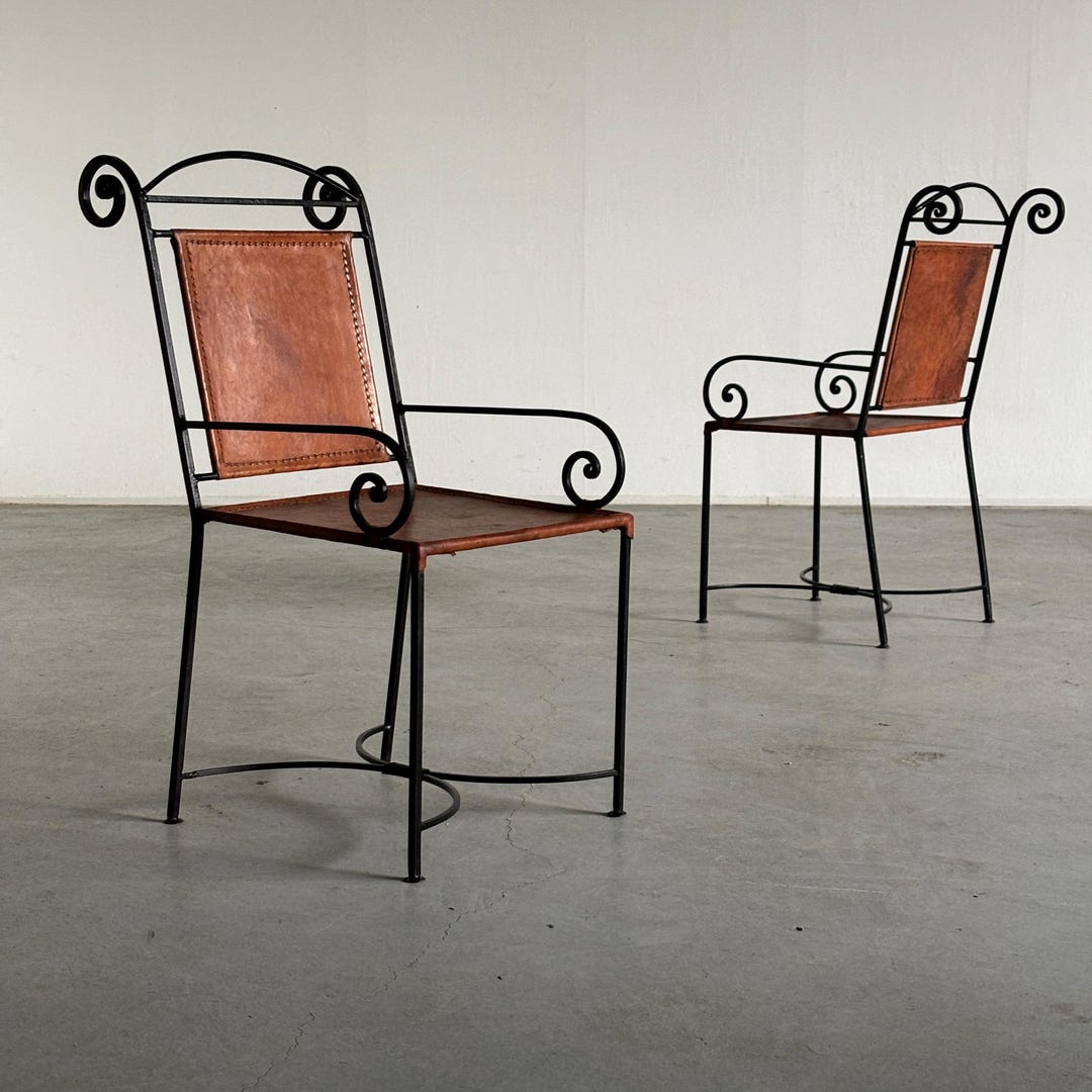 1 of 2 French Artisanal Wrought Iron and Cognac Leather Swirl Armchairs ...