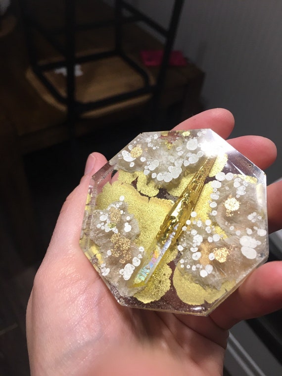 Gold Resin Decor with Embedded Gem Filigree | Etsy