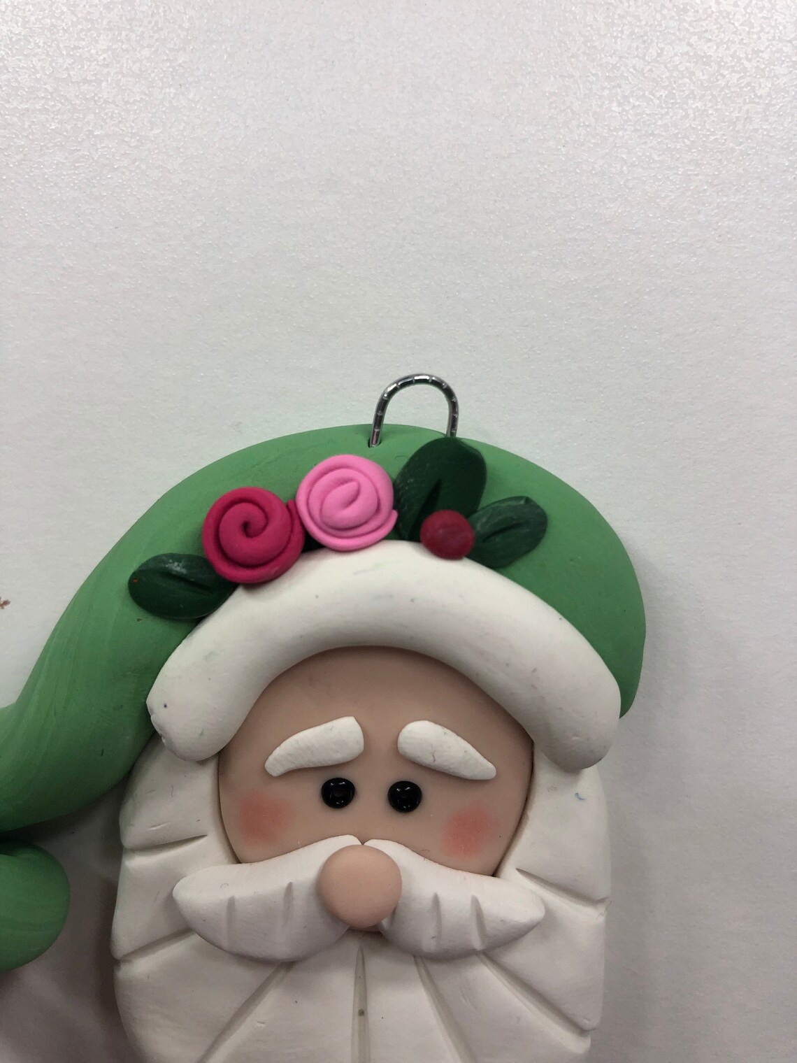Clay Christmas Ornament Green Curly Hat Santa Handmade Clay - Etsy