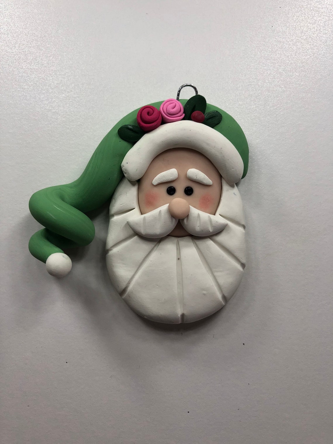 Clay Christmas Ornament Green Curly Hat Santa Handmade Clay - Etsy