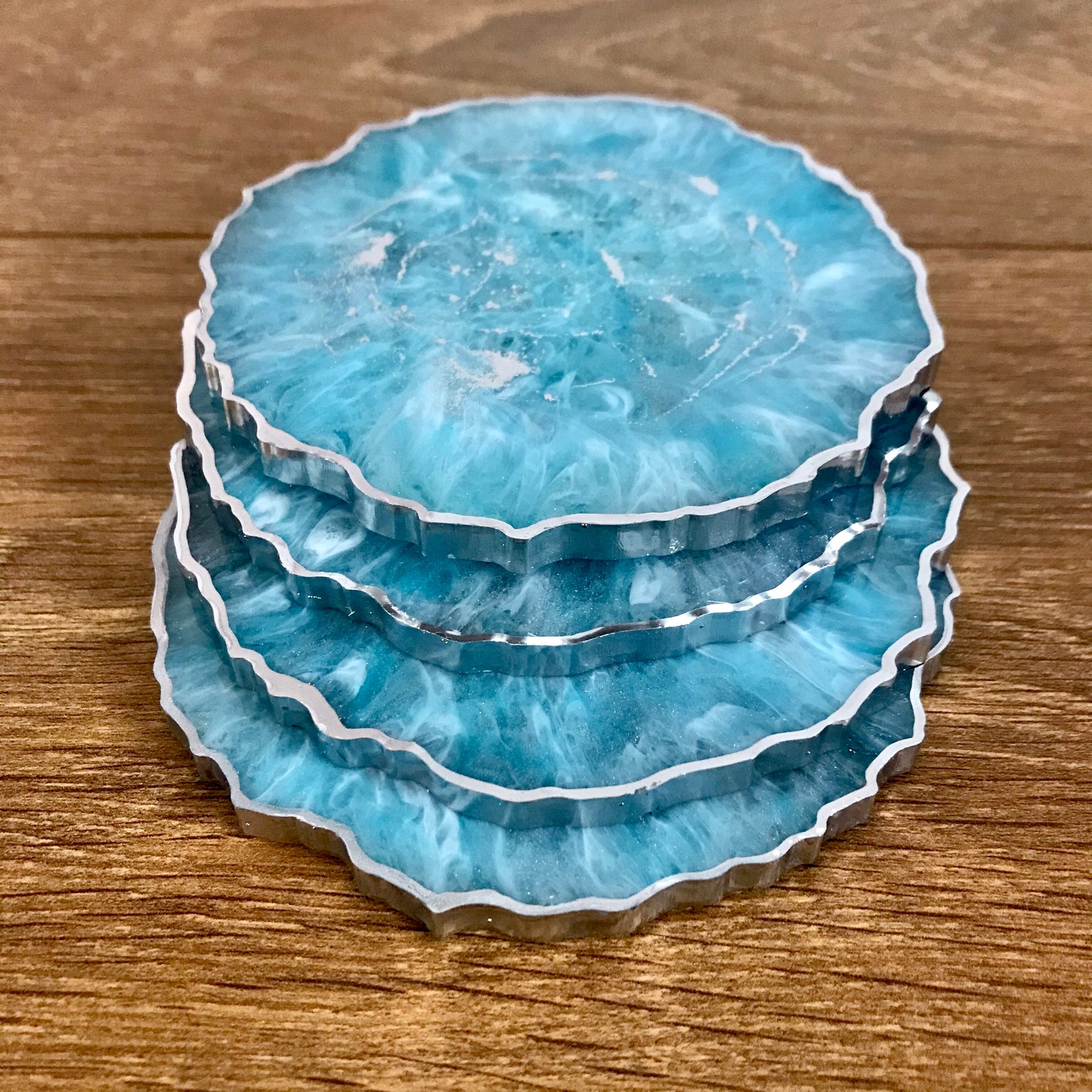 Turquoise/blue Resin Coasters Chrome Edging Home Decor Gift - Etsy
