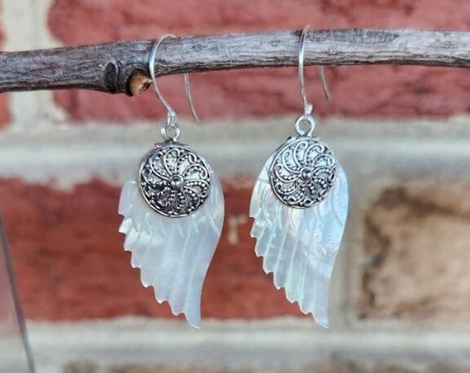 Genuine Mother Of Pearl And 925 Sterling Silver Angel Wing Earrings 1 1 2