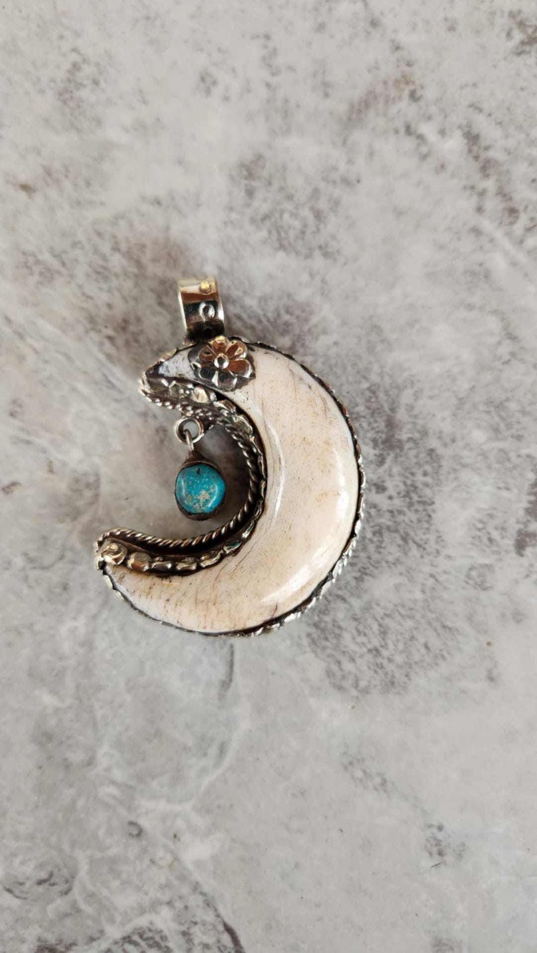 Handcarved Bone Crescent Moon Pendant With a Turquoise Center Accent ...