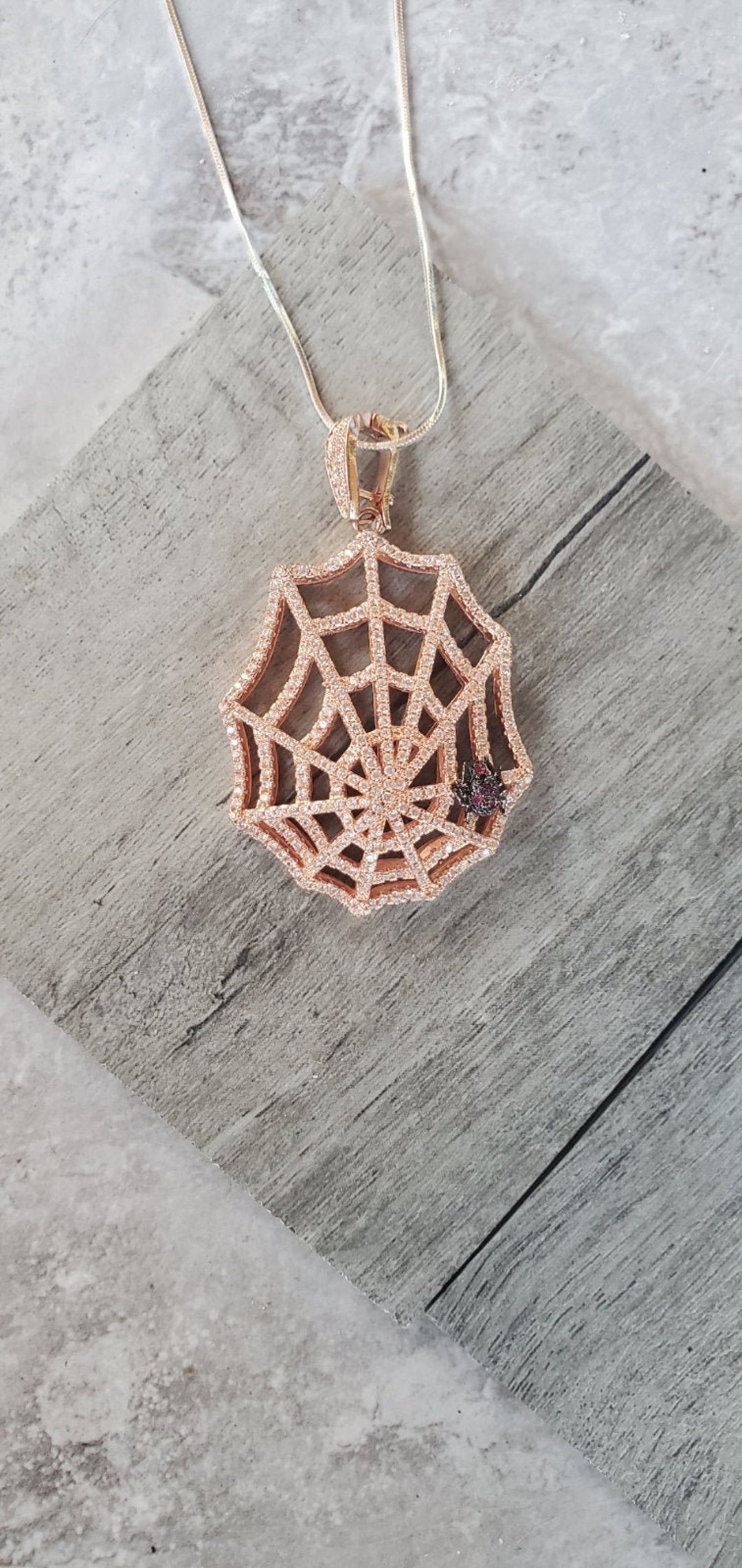 Rose Gold Spiderweb Pendant With a Black Spider & Crystal Accents on an ...
