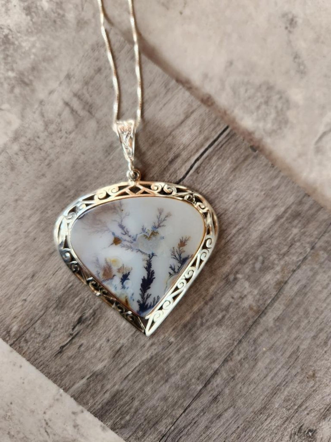 Genuine Dendric Agate Mocha Stone Teardrop Pendant With A 925 Sterling ...