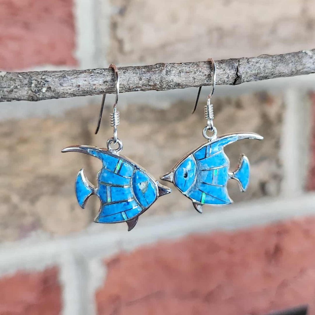 Genuine Inlaid Denim Lapis and Opal Darling Fish Earrings Set in 925 ...