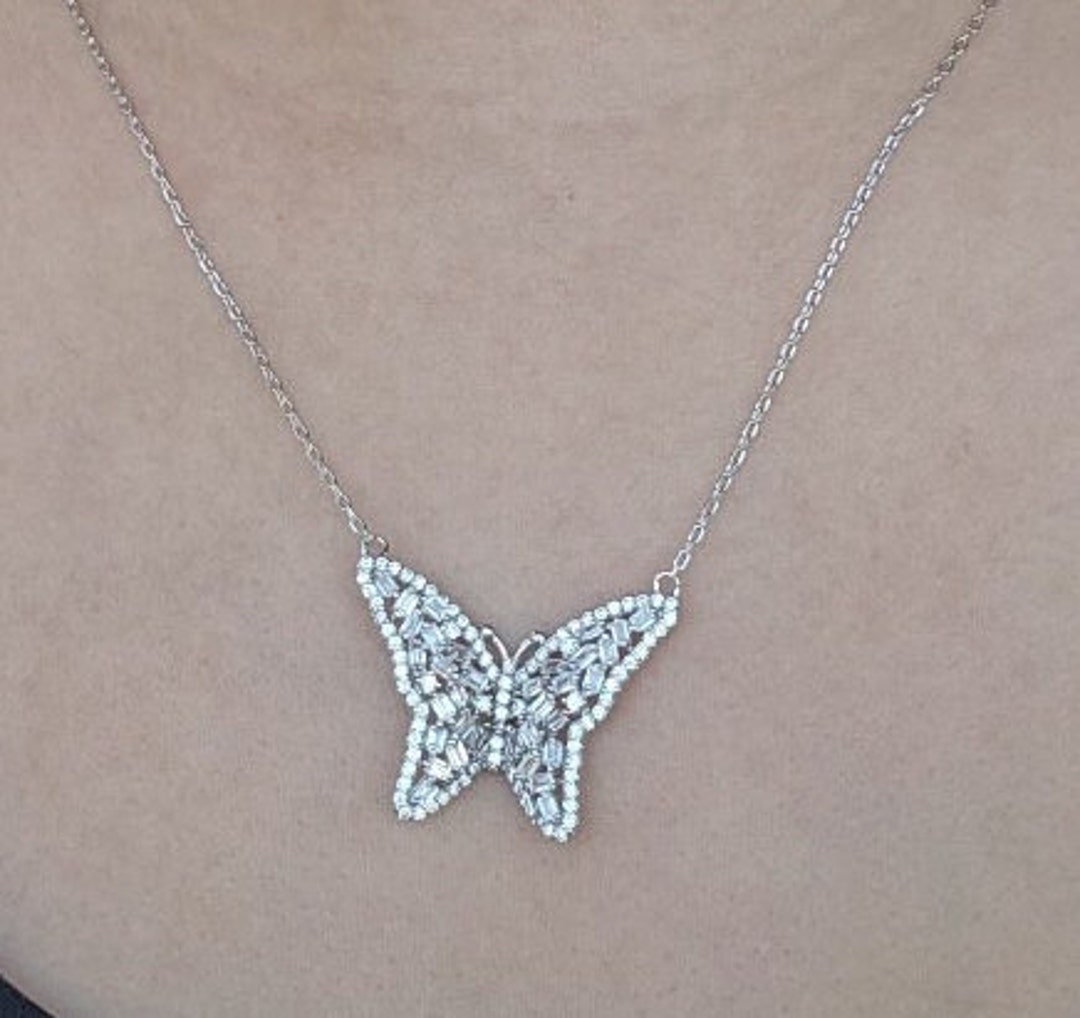 925 Sterling Silver Dainty Butterfly Necklace Encrusted With Baguette ...