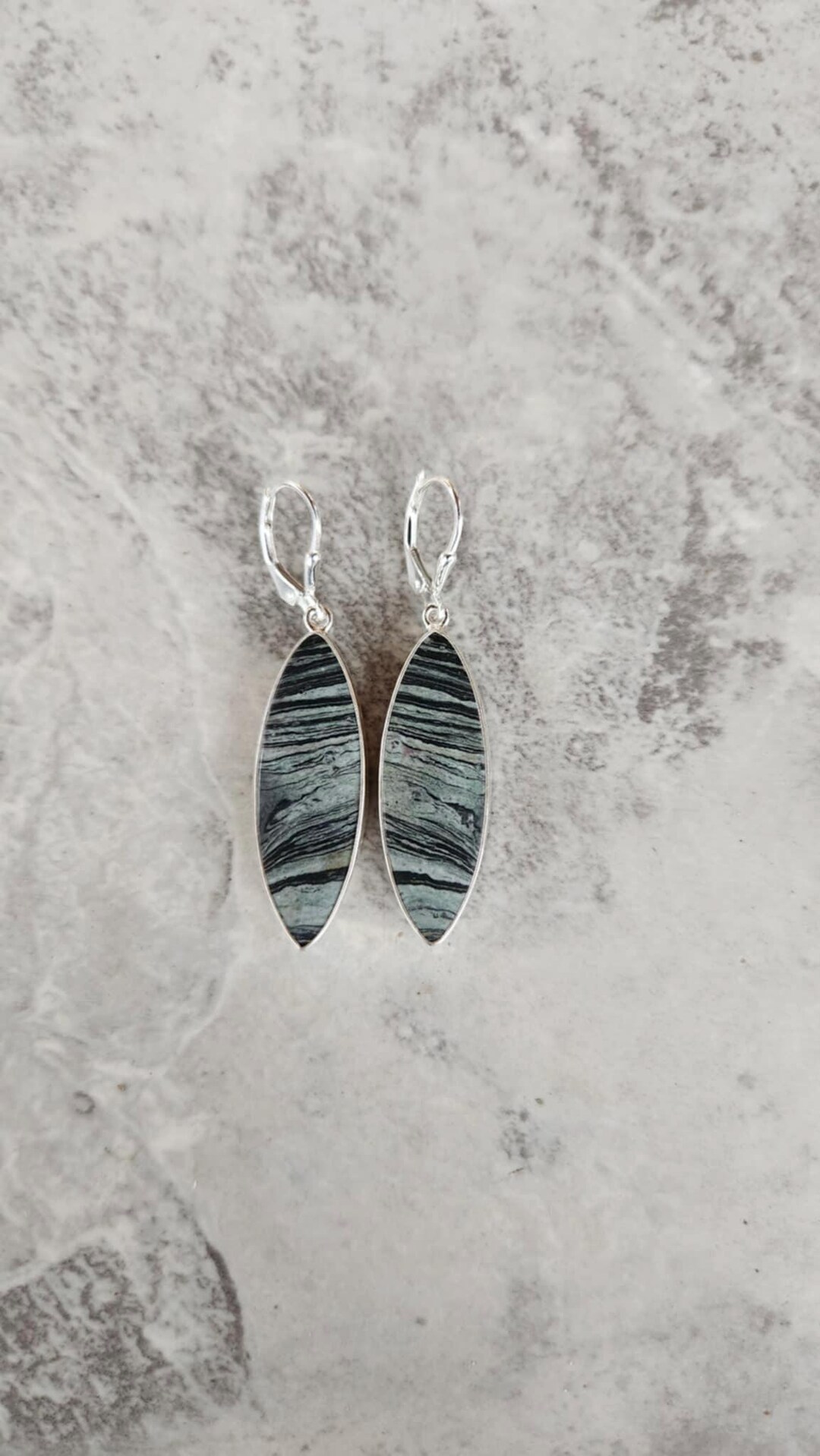 Genuine Grey Stripe Jasper Diamond Shaped Earrings Set in 925 Sterling ...