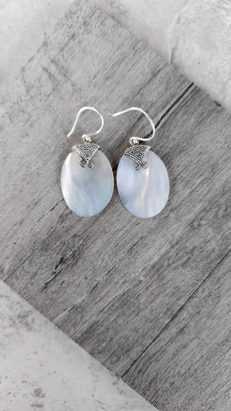 Genuine Mother of Pearl and 925 Sterling Silver Oval Earrings ( 1 1/8"h ...