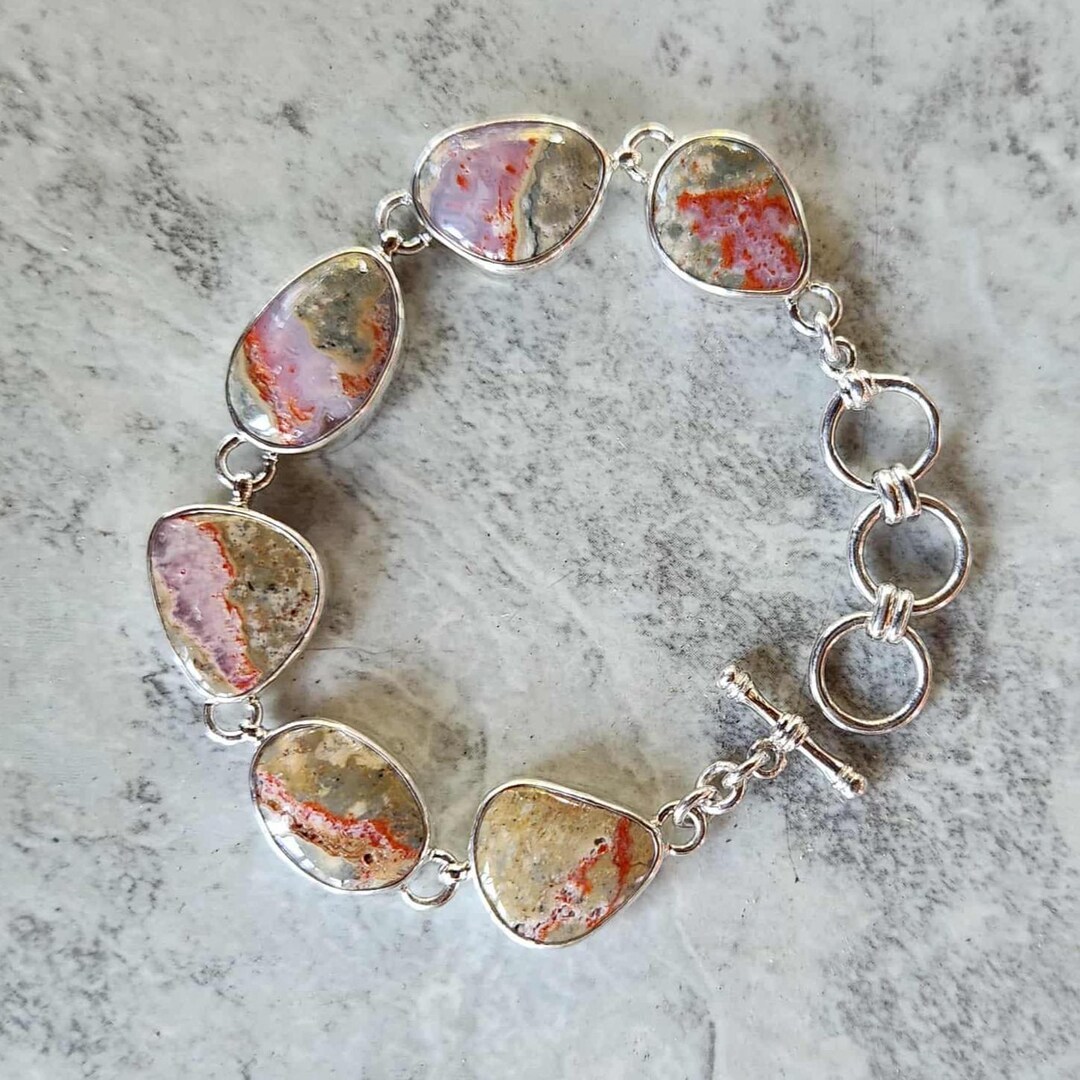 Genuine Magma Chalcedony Six Stone Link Bracelet Set in 925 Sterling ...
