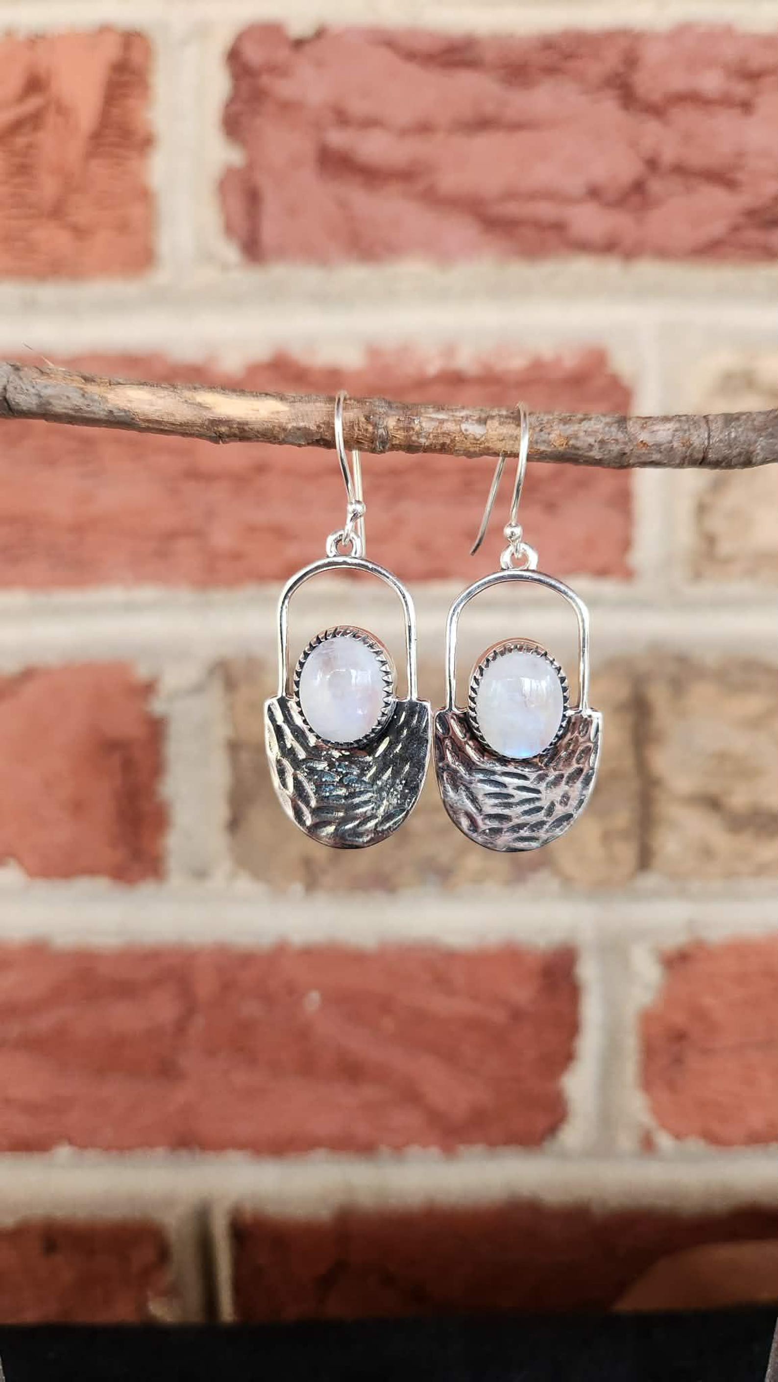Genuine Moonstone Modern Design Hammered Earrings Set in 925 Sterling ...