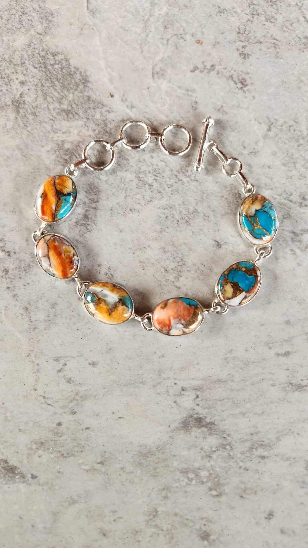 Genuine Spiny Oyster Turquoise 6 Stone Bracelet Set in 925 Sterling ...