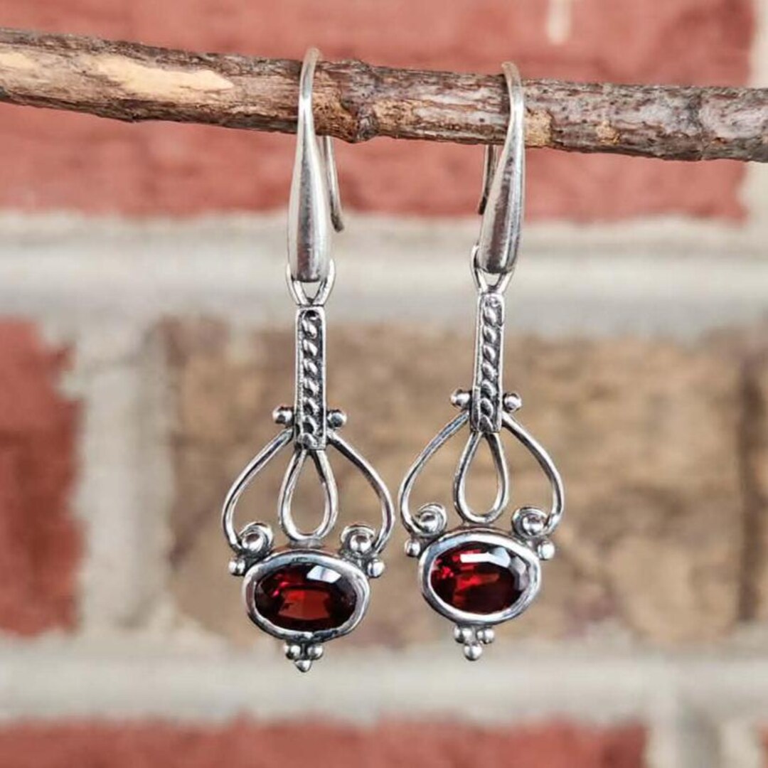 Genuine Garnet Zen Design Earrings Set in 925 Sterling Silver ( 1 1/3
