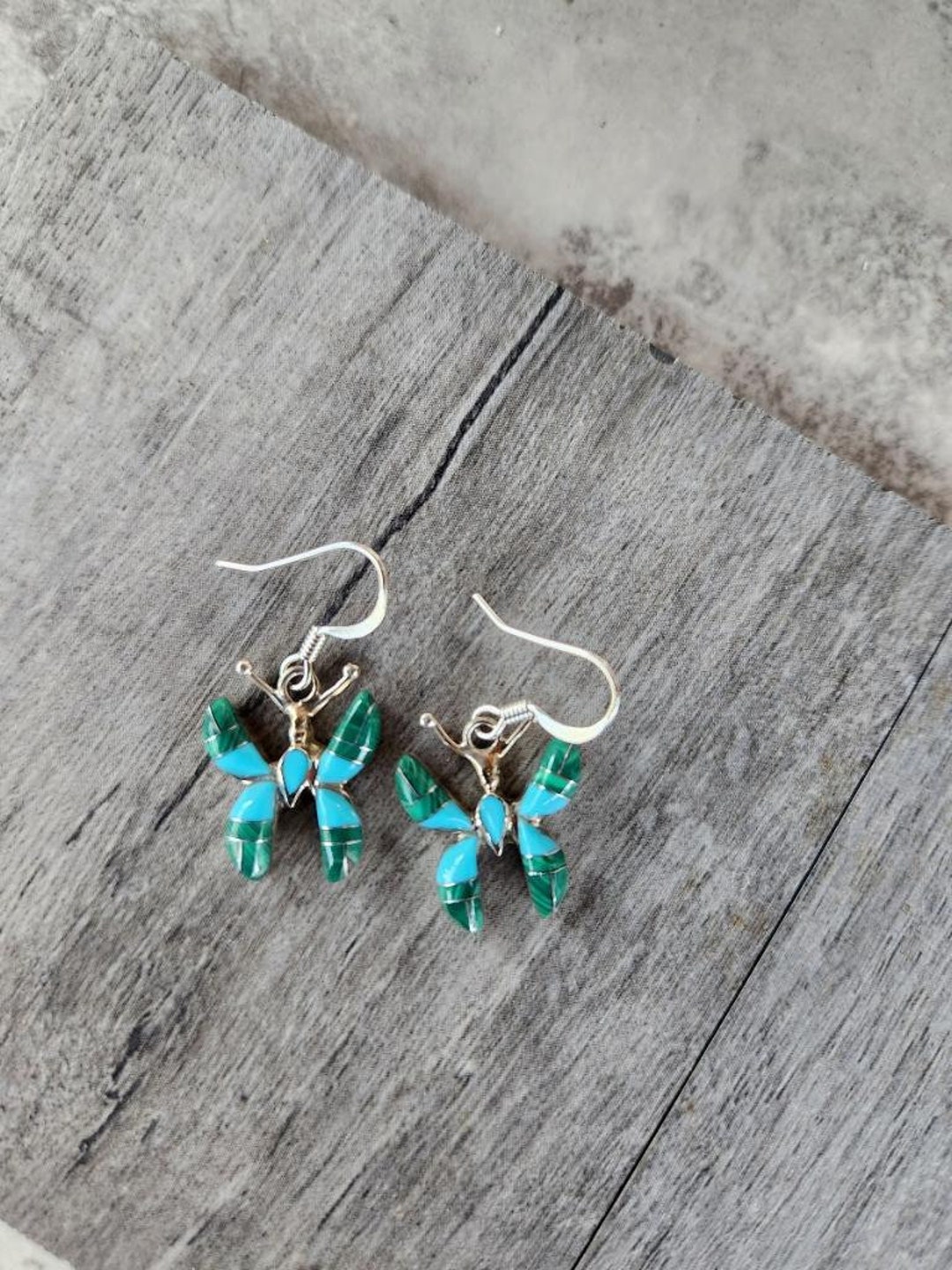 Inlaid Turquoise & Malachite 925 Sterling Silver Butterfly Earrings ...