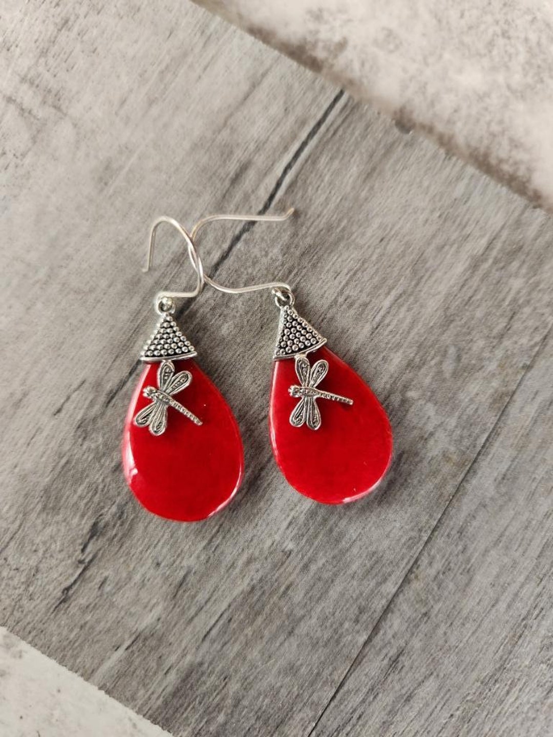Unique Sterling Silver Dragonfly/firefly Teardrop Earrings With A Coral ...