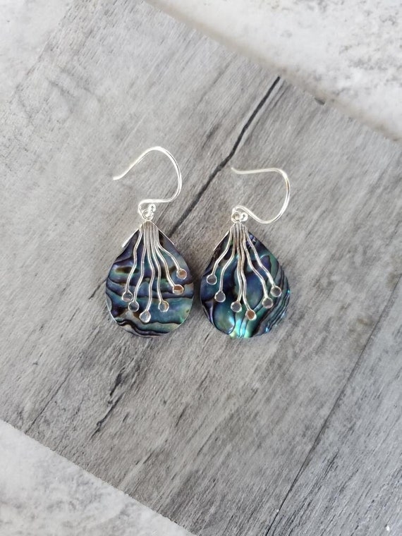 Sterling Silver And Abalone Teardrop Earrings With Cascading Etsy