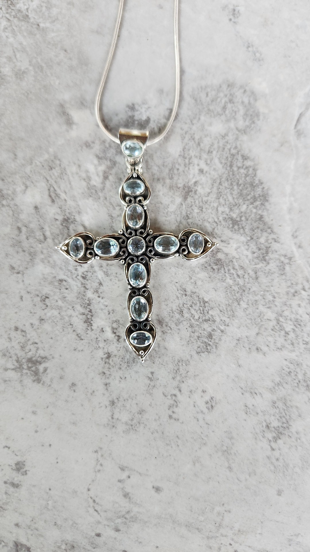 Genuine Blue Topaz and 925 Sterling Silver Cross/crucifix Pendant on an 18 Sterling Silver Chain ...