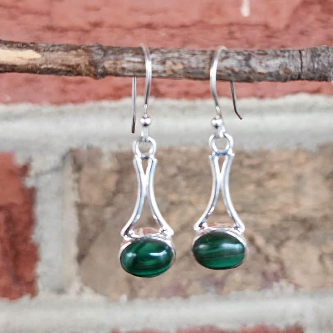 Genuine Malachite Zen Design Earrings Set in 925 Sterling Silver ( 1