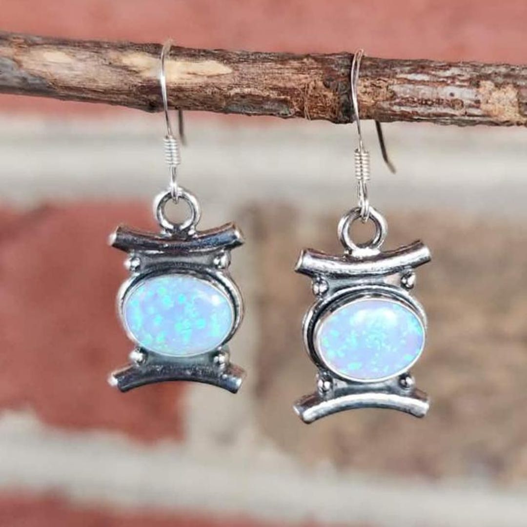 Genuine Blue Opal Zen Design Enhanced Earrings Set in 925 Sterling ...