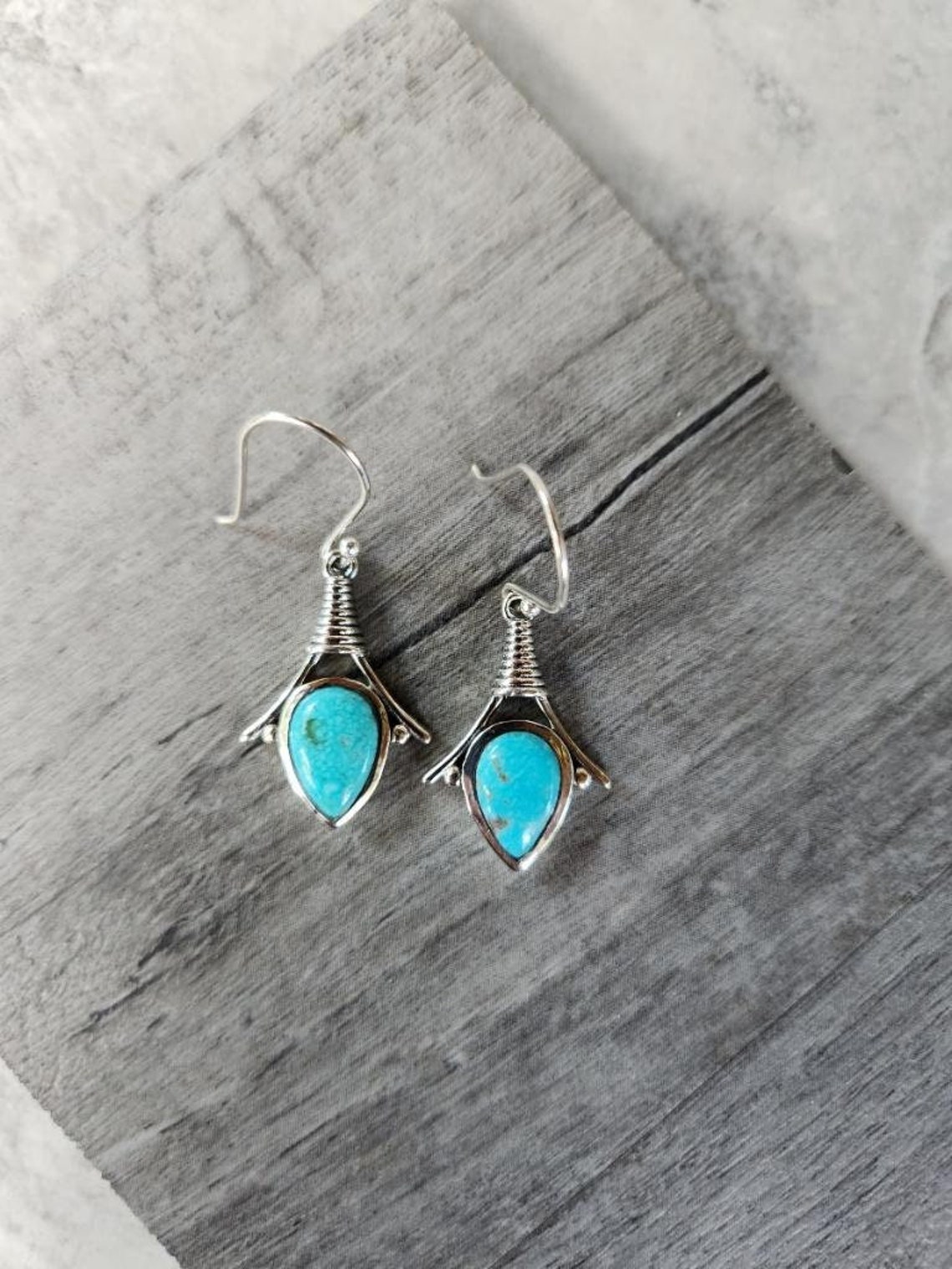 Genuine Turquoise and 925 Sterling Silver Zen Design Earrings ( 1