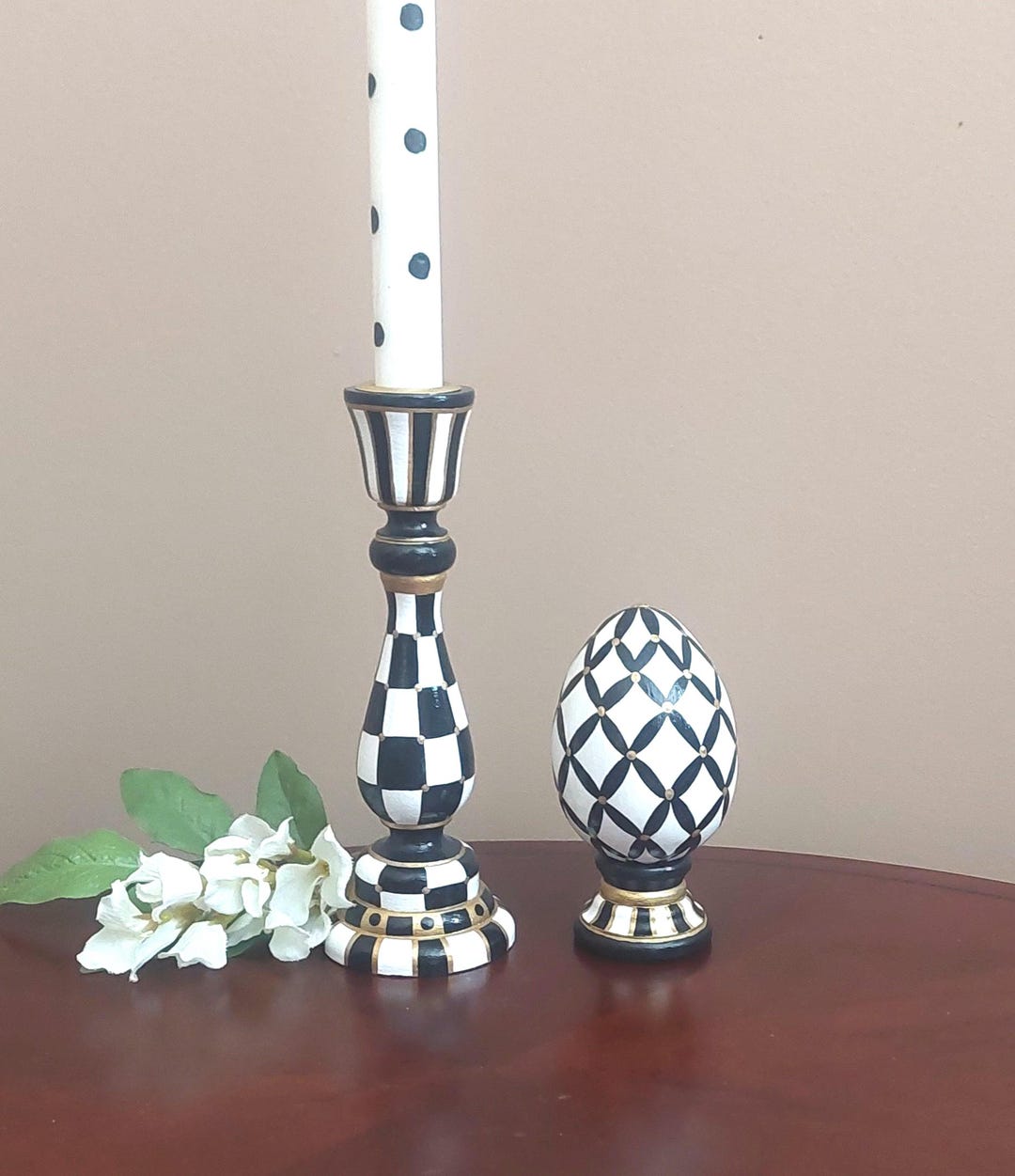 Black & White Medium Easter Egg With Stand, Hand‑painted Checkered ...