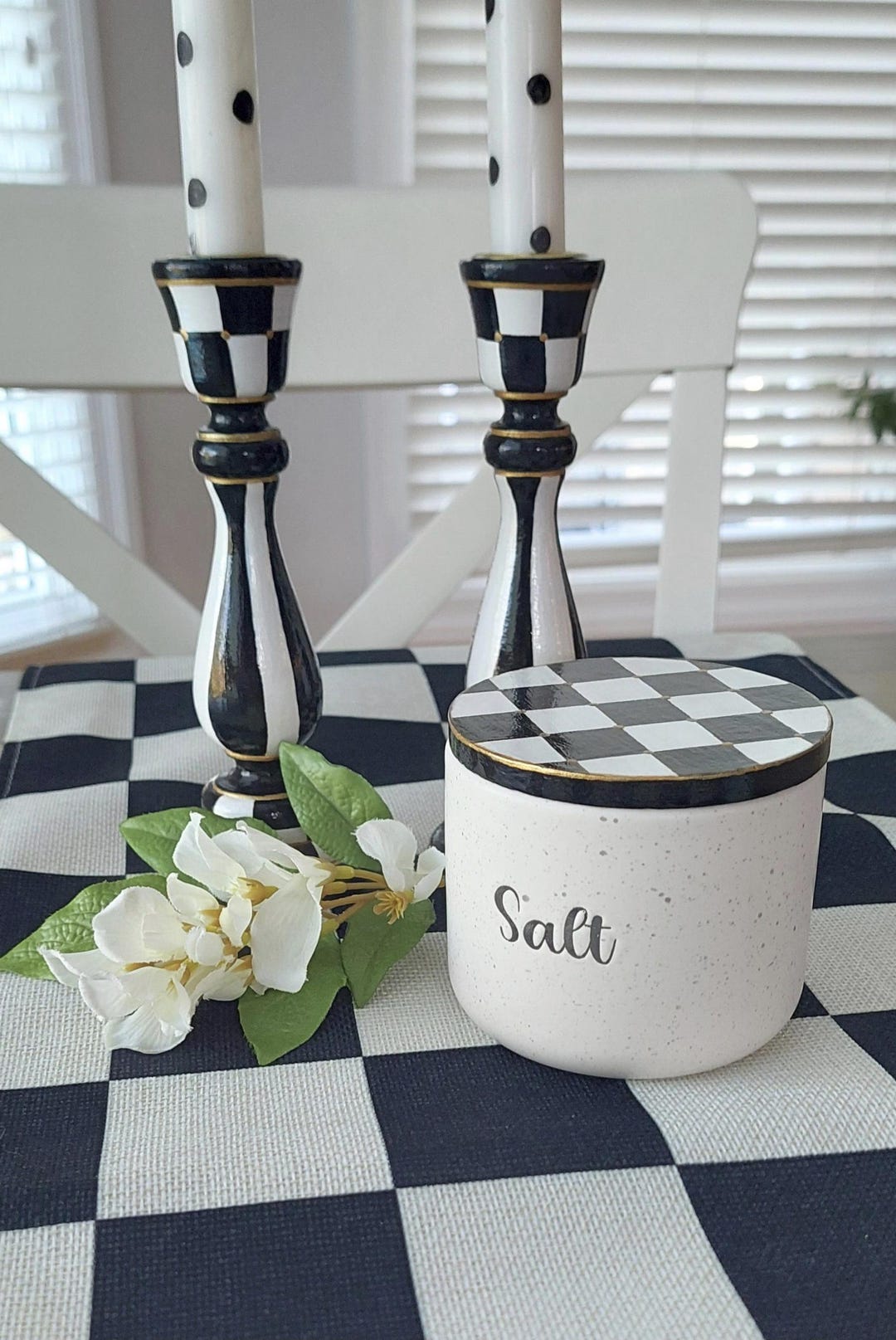 Black and White Checkered Salt Jar With a Lid Ceramic Salt Dish Serving ...